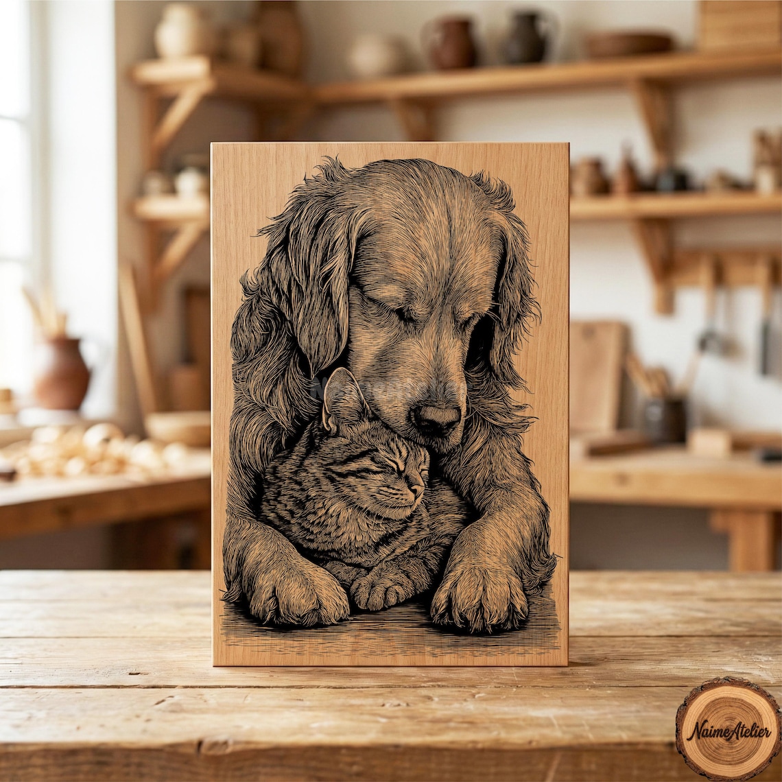 Sleeping Cat in Dog's Arms Engraving PNG Transparent | Cozy Pet Love ...