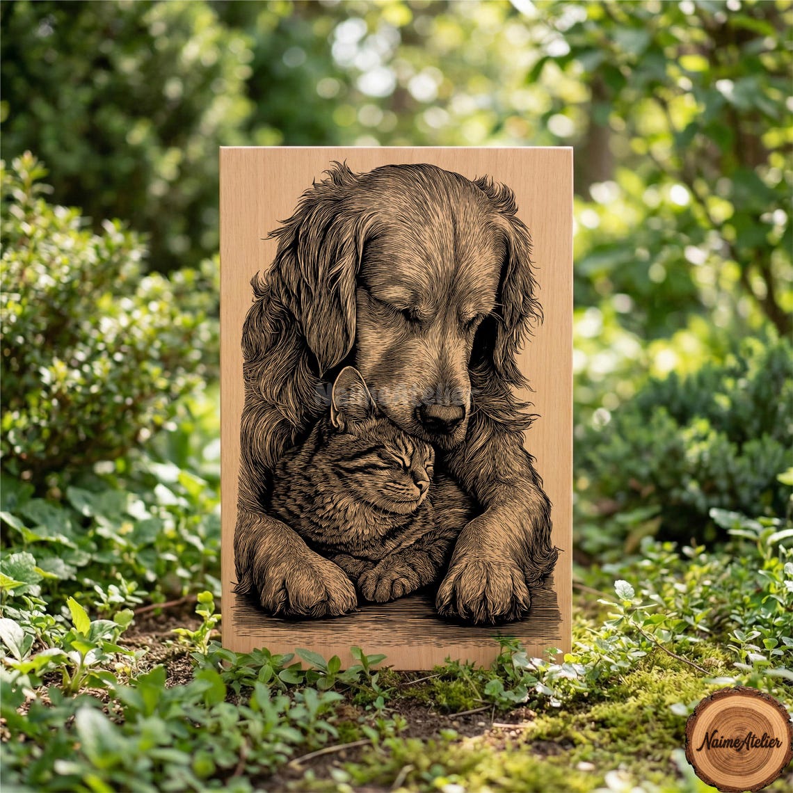 Sleeping Cat in Dog's Arms Engraving PNG Transparent | Cozy Pet Love ...