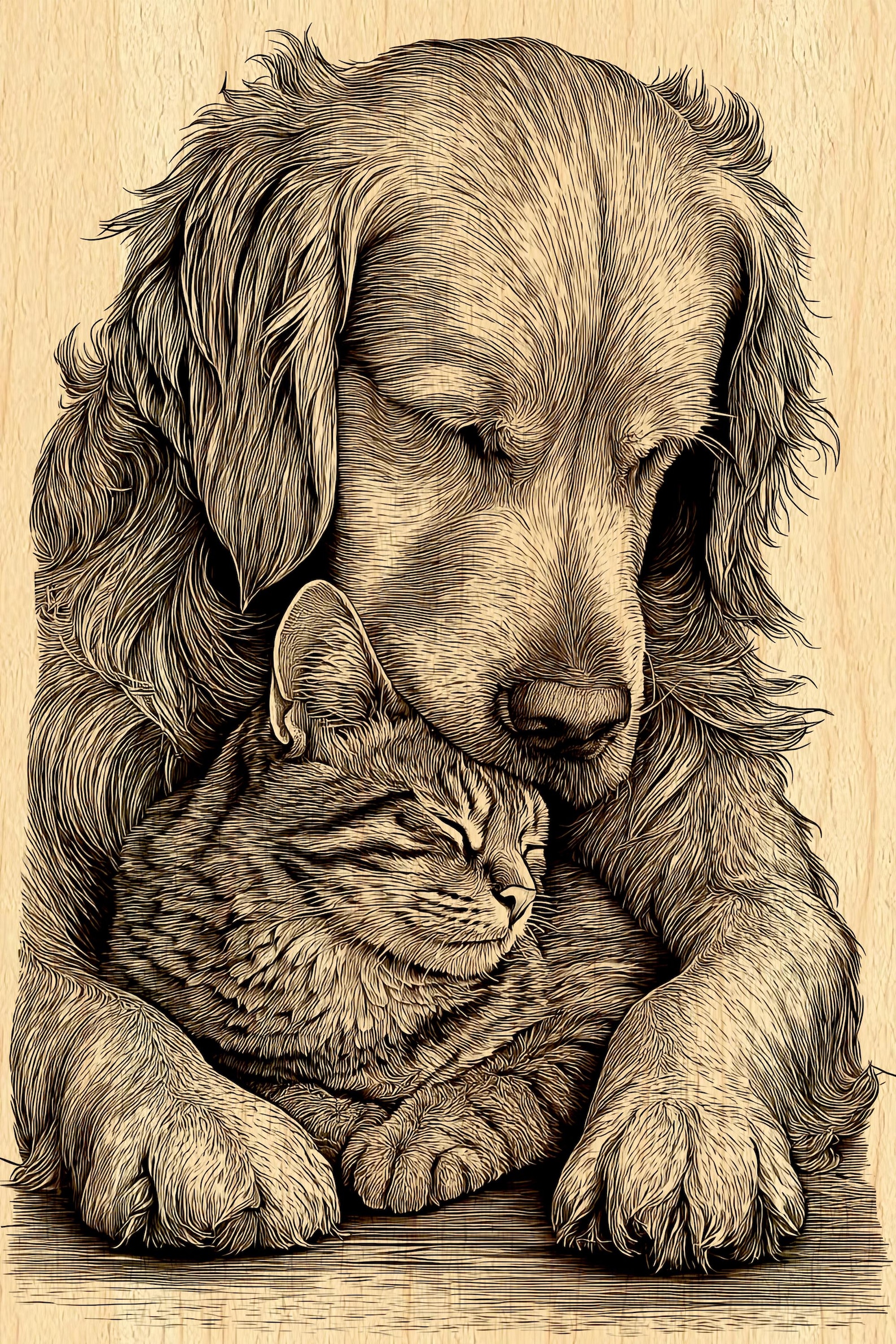 Sleeping Cat in Dog's Arms Engraving PNG Transparent | Cozy Pet Love ...