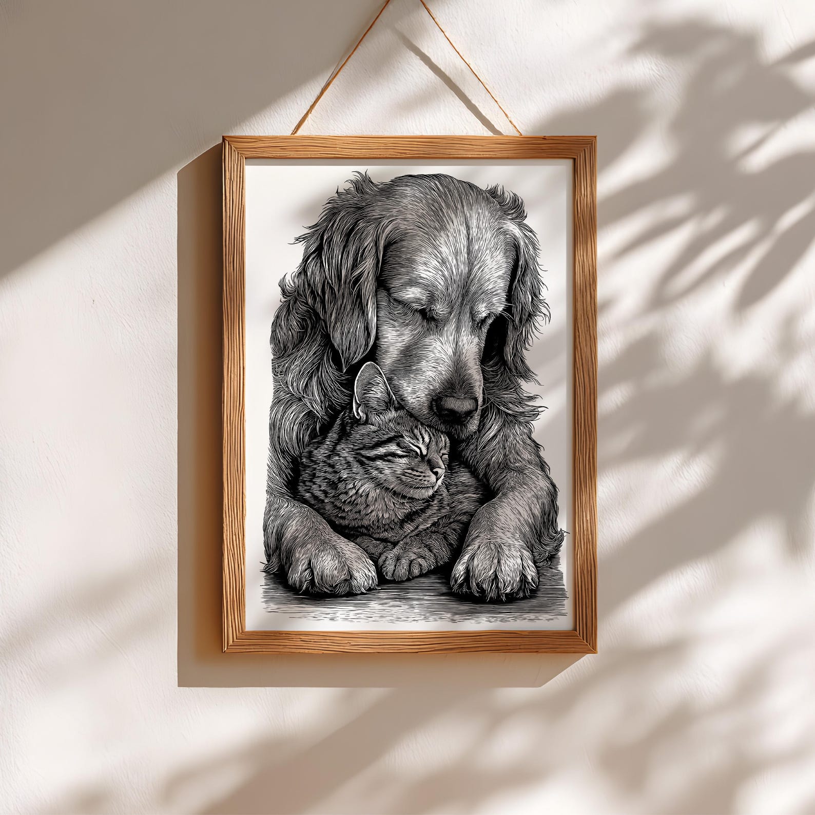 Sleeping Cat in Dog's Arms Engraving PNG Transparent | Cozy Pet Love ...