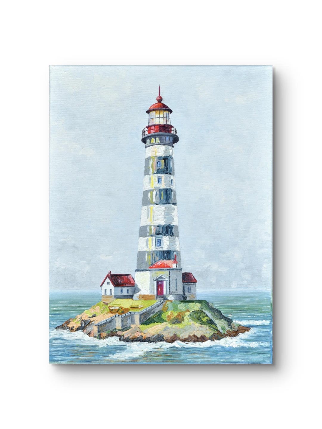 Peinture à l'huile de phare côtier, art mural de paysage marin, phare d ...