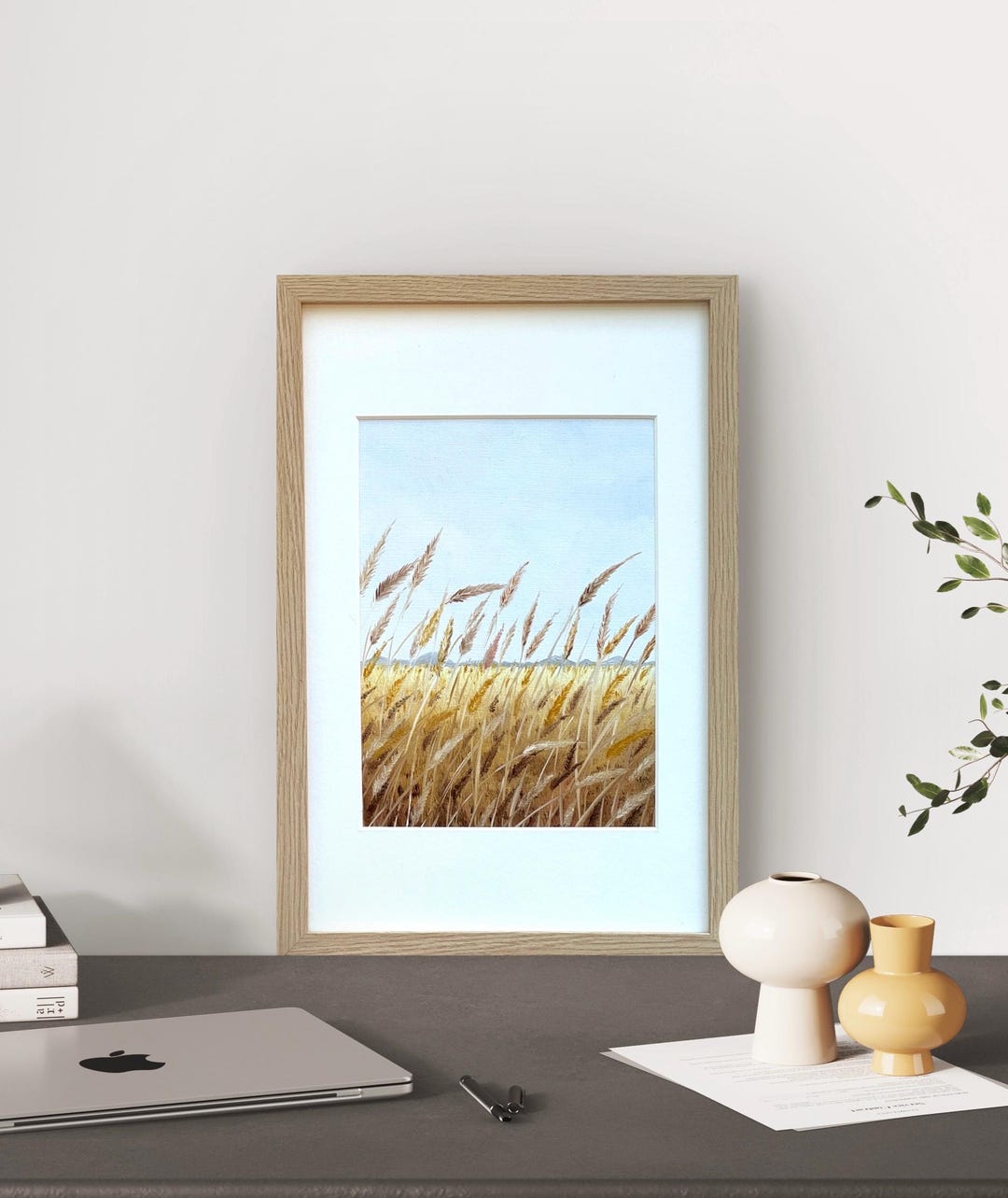 Golden Wheat Field Framed Oil Painting, Neutral Rustic Farmhouse Wall ...