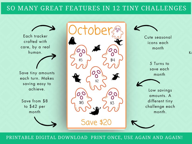 Printable 12-month Tiny Savings Challenge / Whimsical Seasonal Themes ...