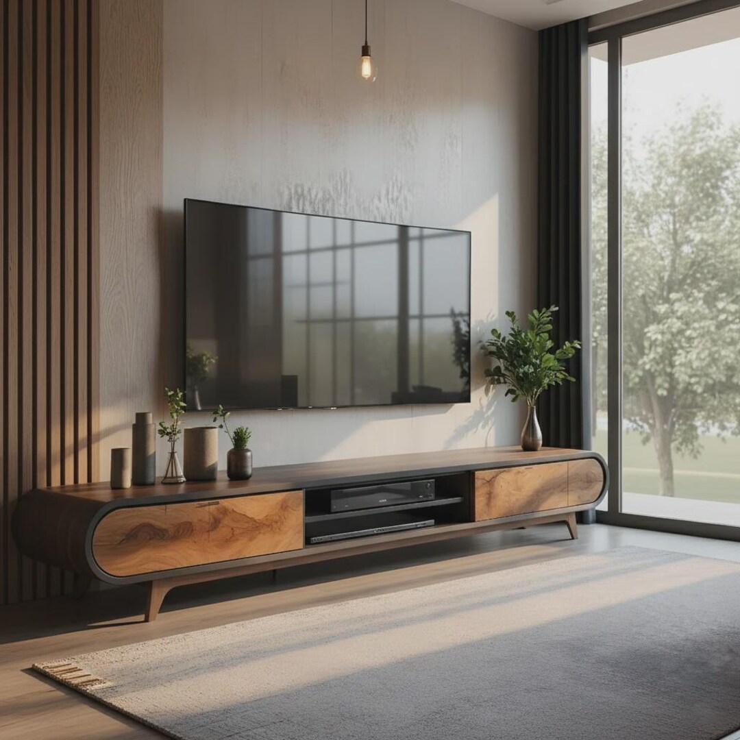 Japandi Style Wood TV Stand With Dark Edge Frame and Natural Grain ...