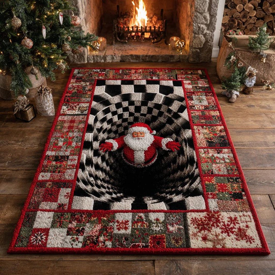 3D Santa Optical Illusion Printed Mat, Holiday Floor Decor, Funny Xmas ...