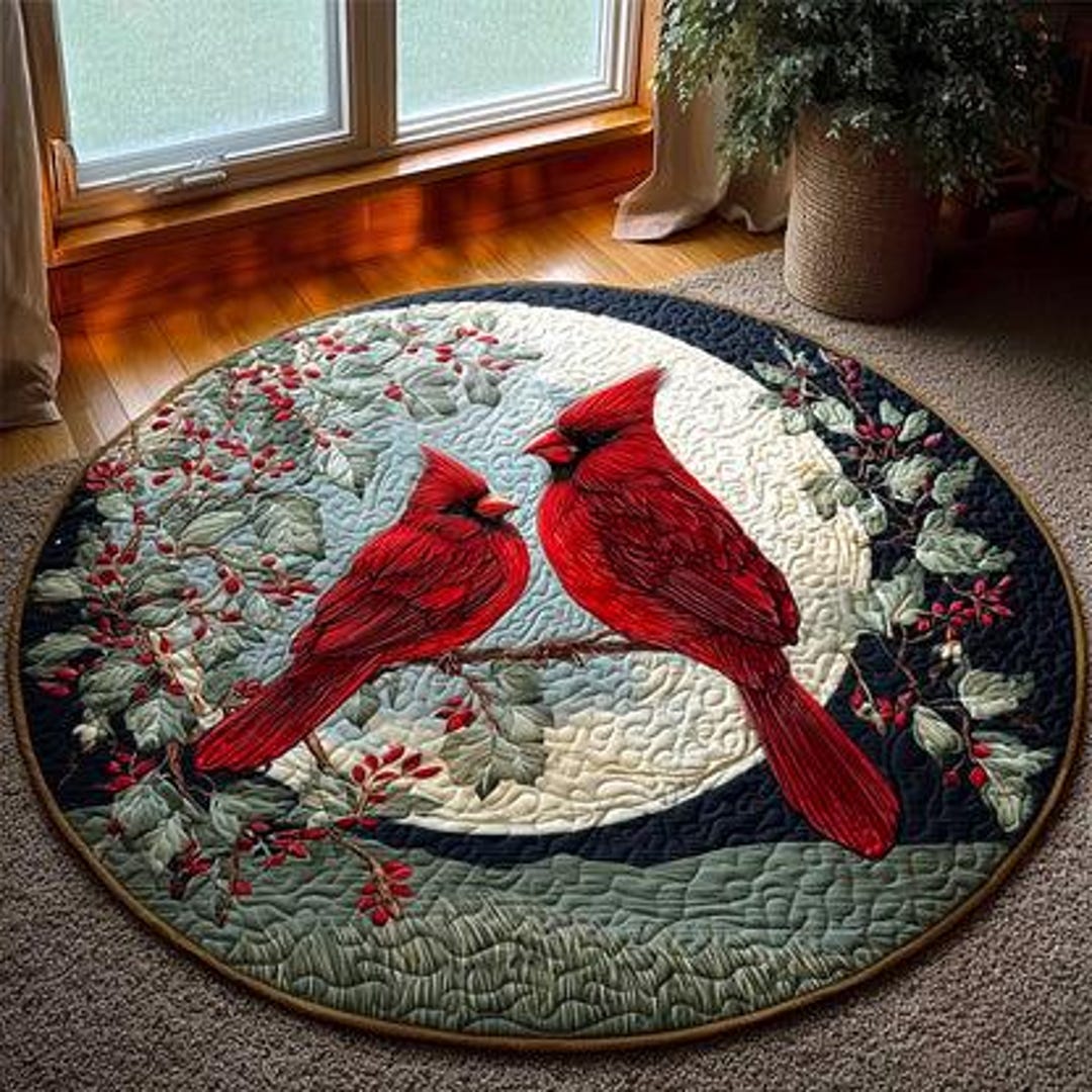 Cardinal Love Round Rug, Red Bird Art, Romantic Nature Decor, Cozy ...