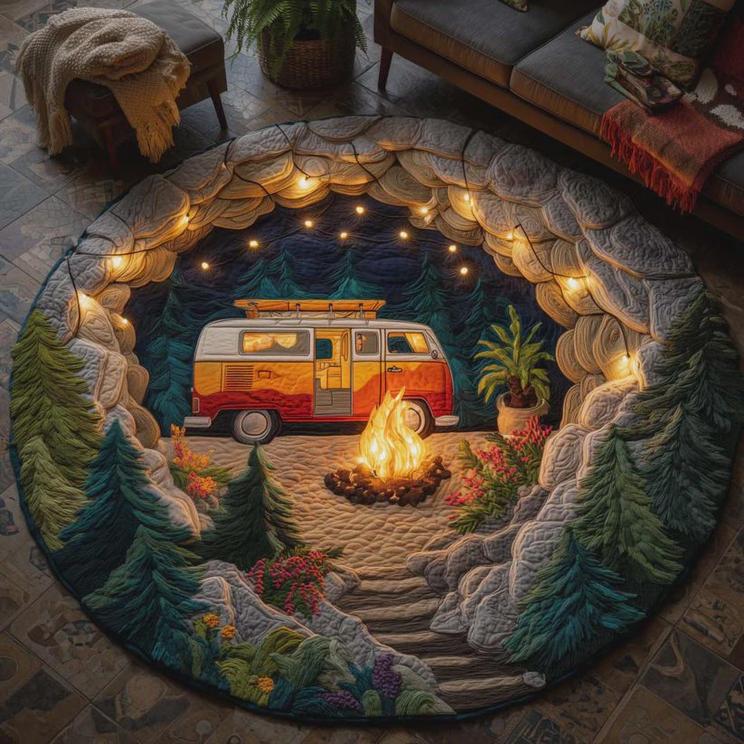 Camping Round Rug Mat, Van Life Campfire Art, Printed Sponge Floor ...