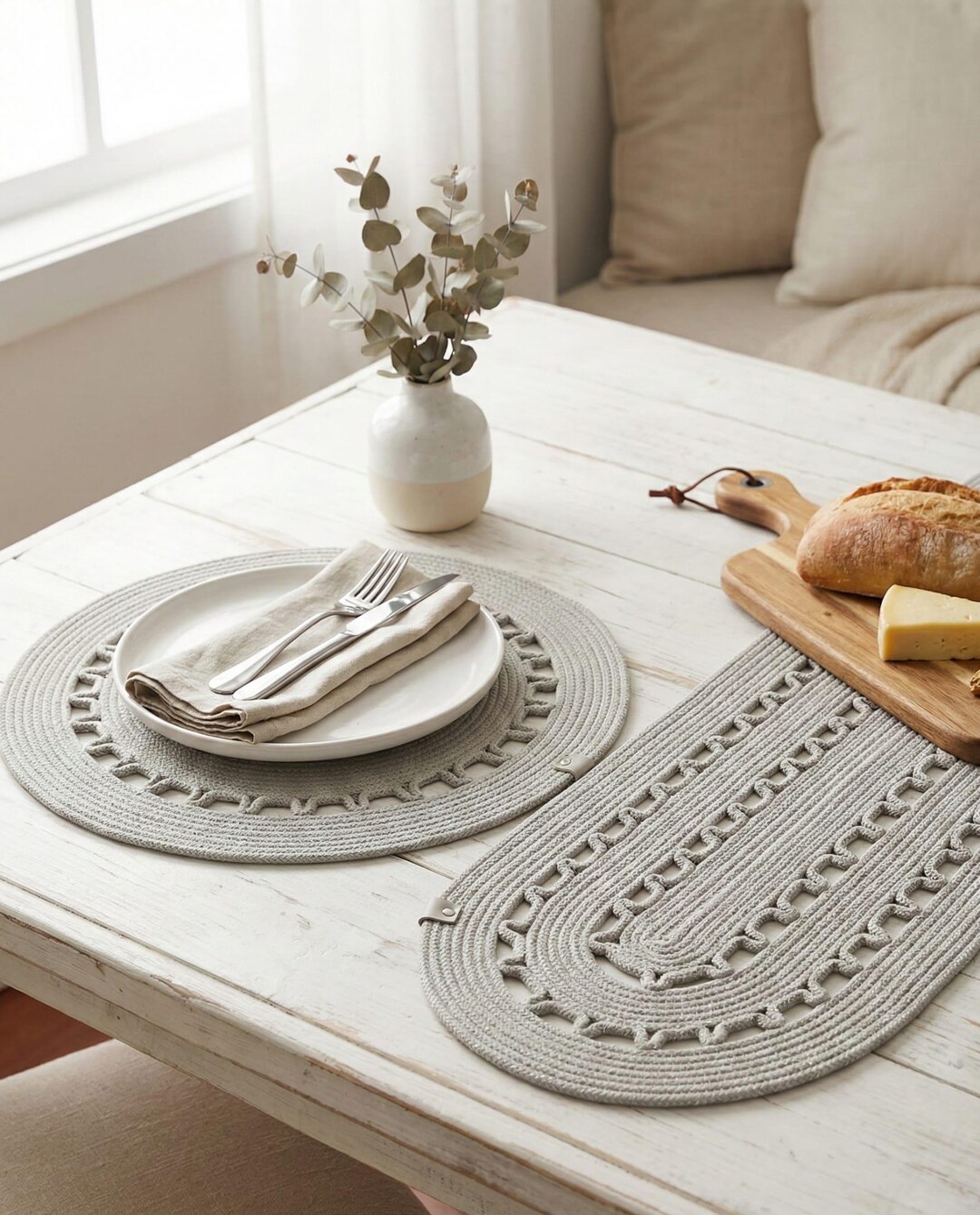 Grey Rope Table Runner & Placemat Set,oval Dining Table Centerpiece ...