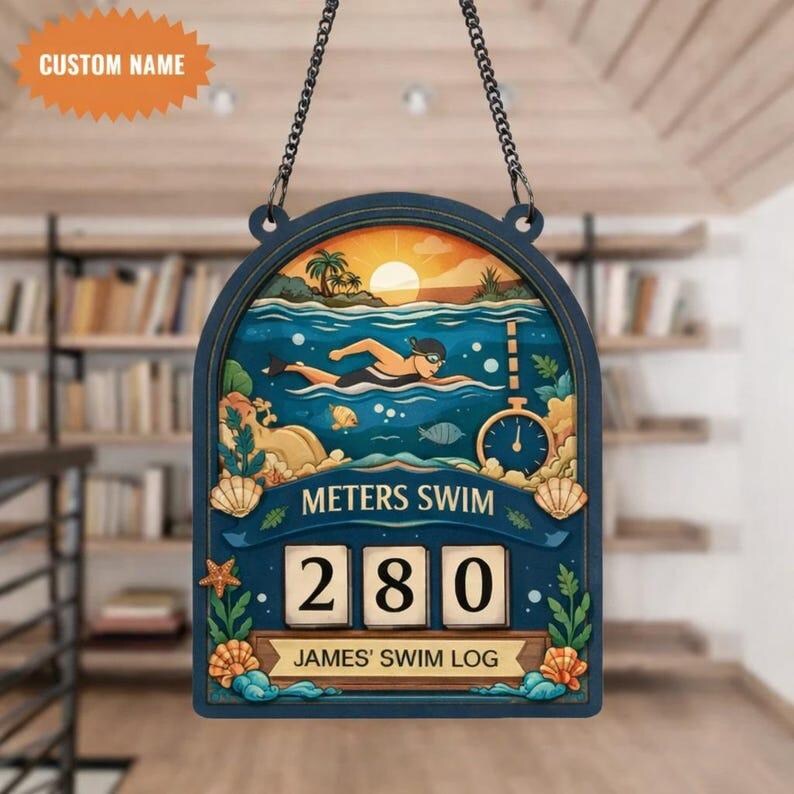 Personalized Swim Log Tracker, Swimming Distance Counter Sign, Custom ...