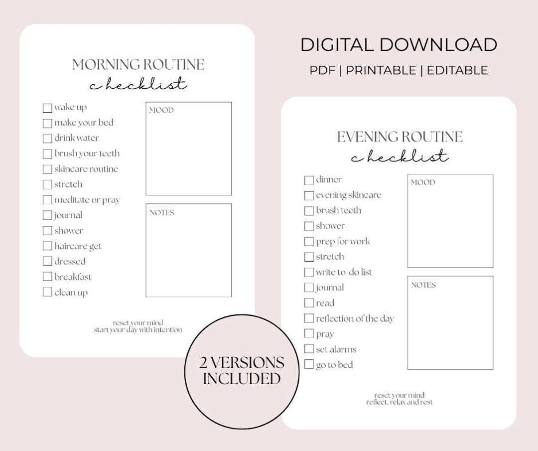 Morning and Evening Routine Checklist Daily Habit List Self Care ...