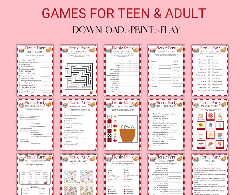 Picnic Party Game Bundle, Family Picnic Game, Picnic Bingo, Picnic Mad ...