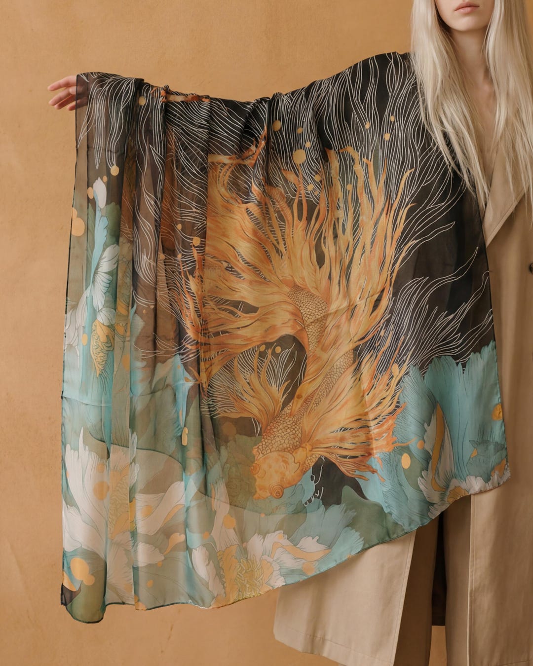 Koi Fish Chiffon Scarf Shawl Wrap – Teal Green & Orange Art Print ...