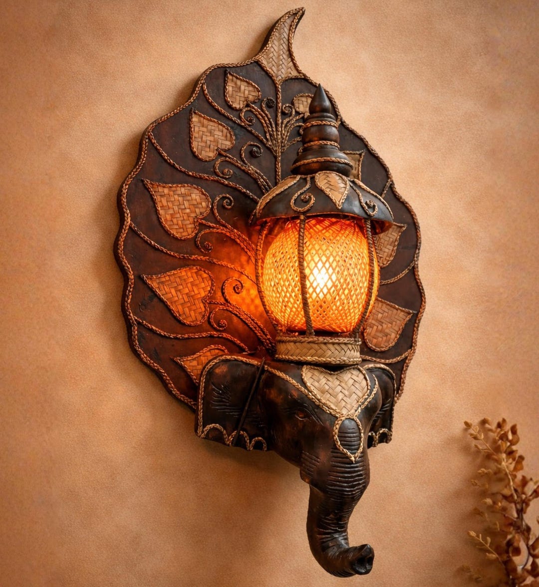 Boho Elephant Wall Light, Bamboo Wicker Sconce, Asian Oriental Home ...