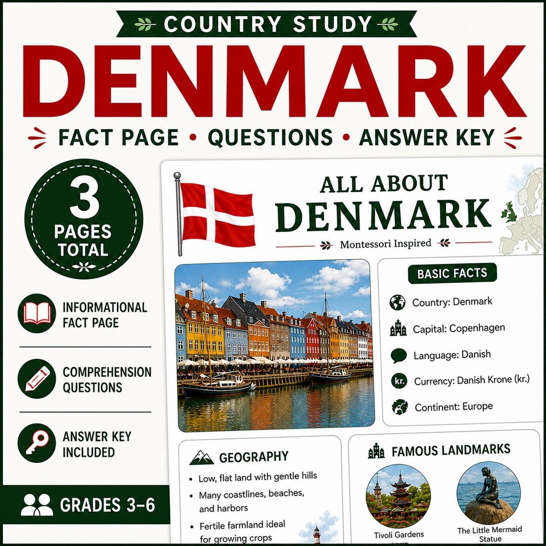Denmark Worksheet Printable | Country Study for Kids | Geography Fact ...
