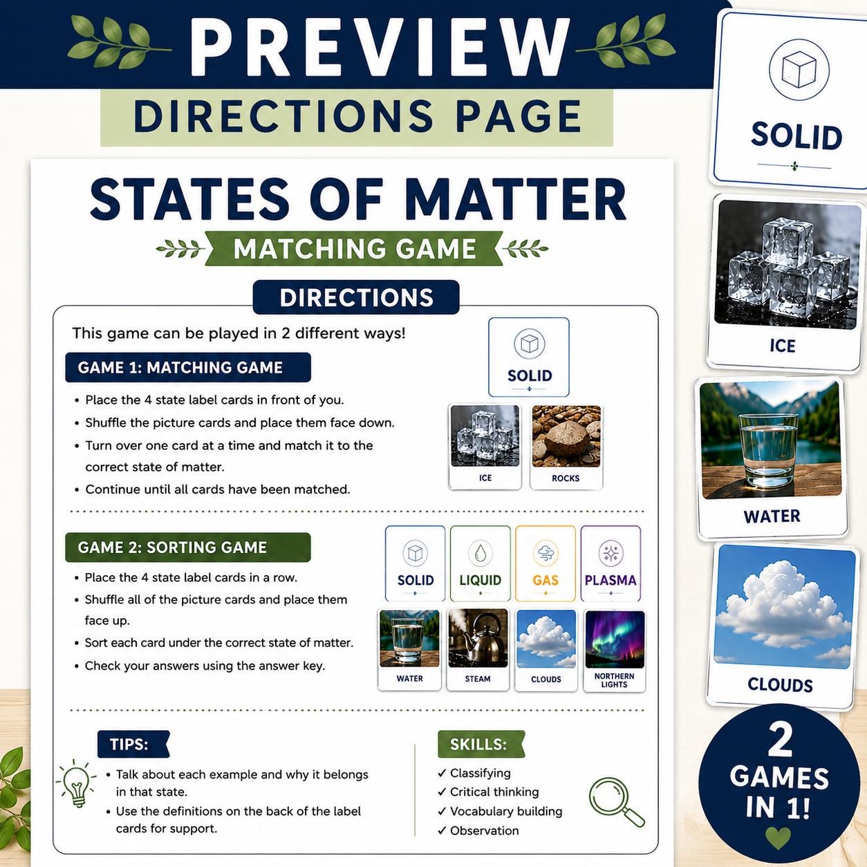 States of Matter Matching Game Printable | Solid Liquid Gas Plasma ...
