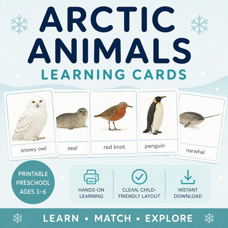 Arctic Animals Learning Cards Printable Preschool Animal Study Snowy ...