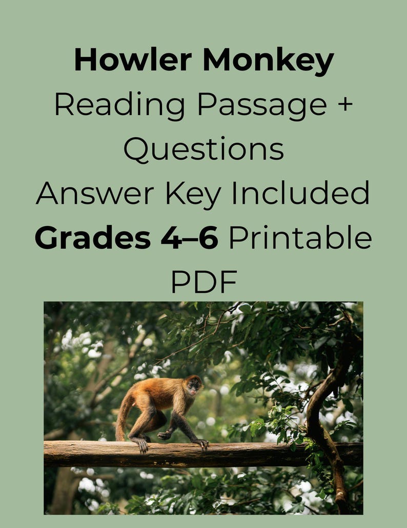 Howler Monkey Reading Comprehension Worksheet | Grades 4-6 (PDF) - Etsy