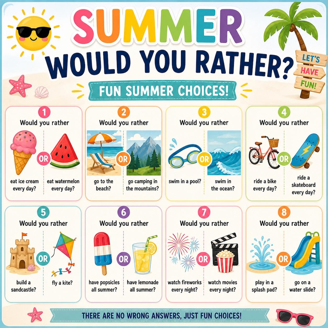 Summer Would You Rather Game Printable | Kids Activity Cards & Full ...