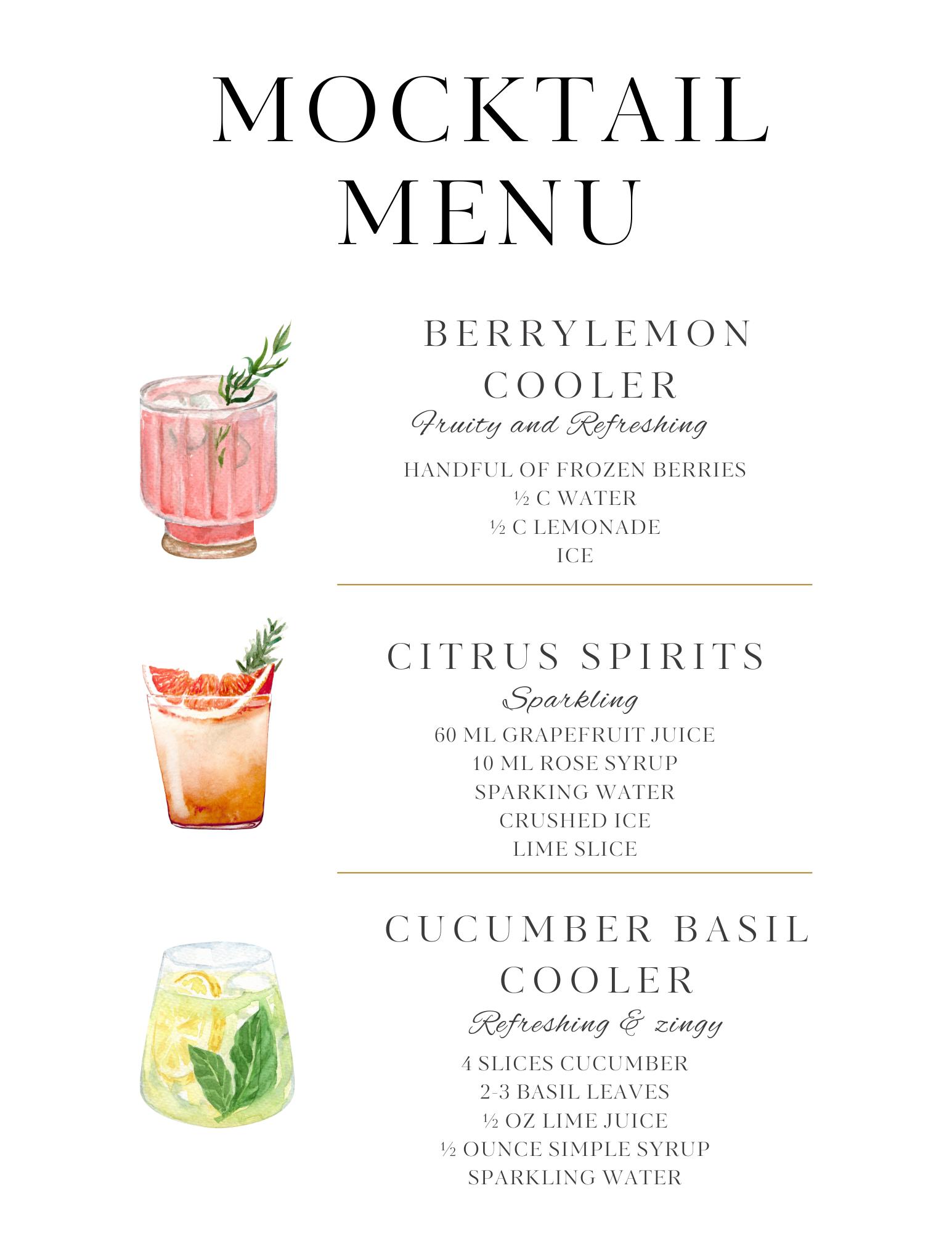 Mocktail Menu Printable PDF for a Gifting or Gathering- Bridal or Baby ...