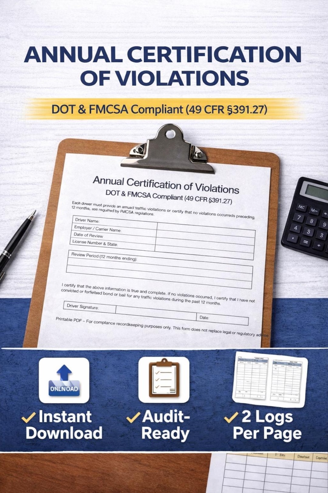Dot Driver Annual Certification of Violations | Fmcsa Form | 49 Cfr ...