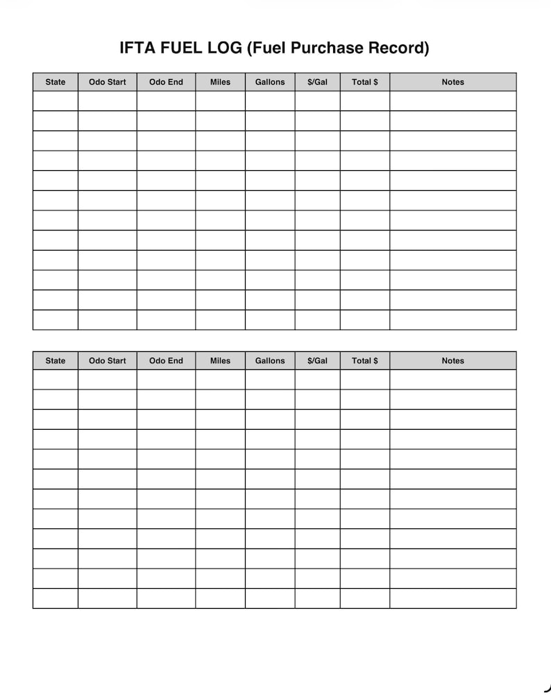 IFTA Fuel Log Printable | Trucking Fuel Record (2-per-page PDF) - Etsy