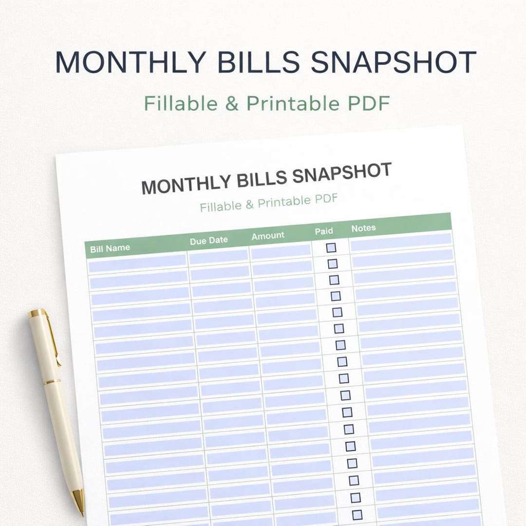 Monthly Bills Snapshot | Fillable Bill Tracker | One-page Printable ...