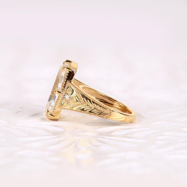 Old Mine Cut Moissanite Ring, Elongated Cushion Bezel Set in 14K Gold ...