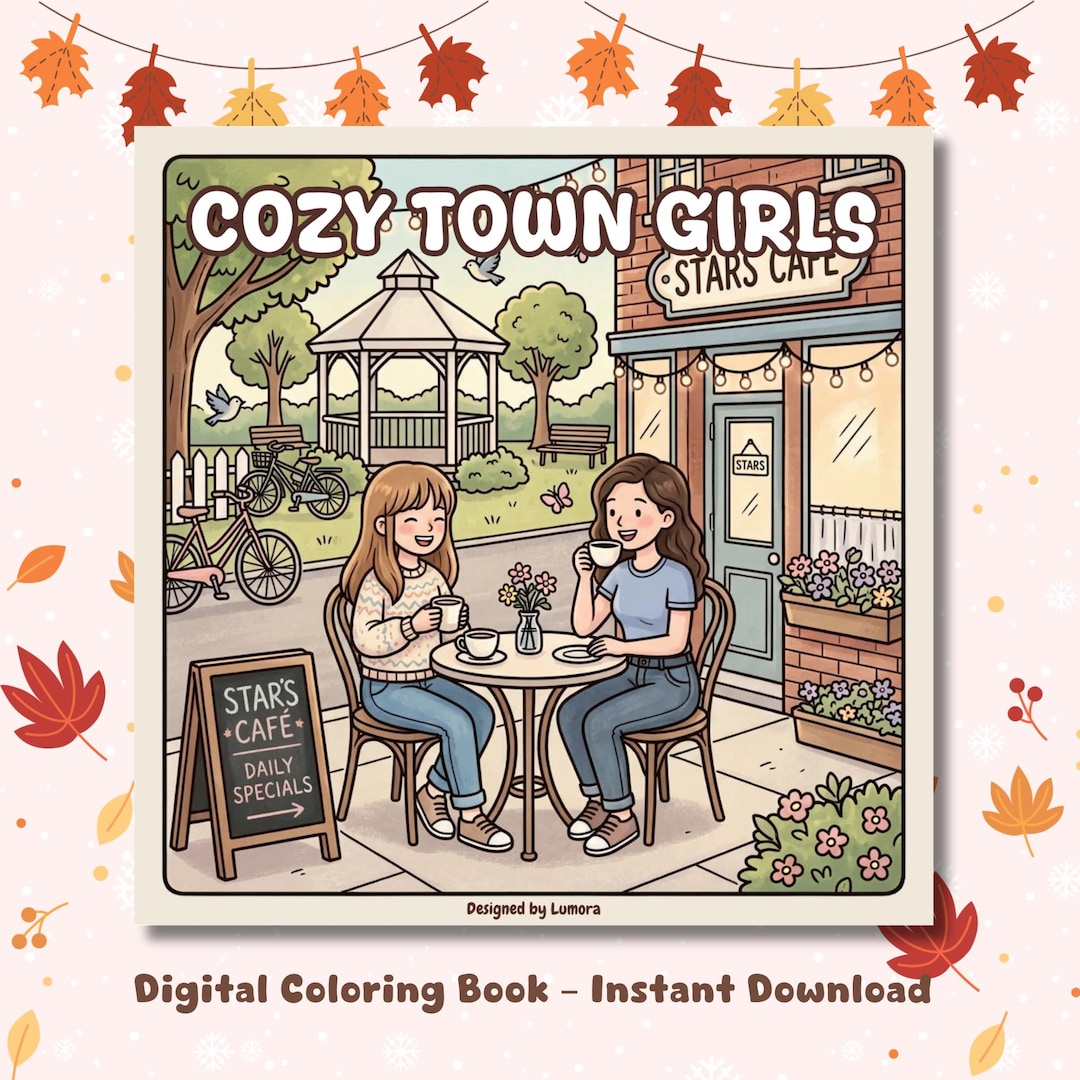 Cozy Town Girls Coloring Book | Small Town Cafe Scenes (digital ...
