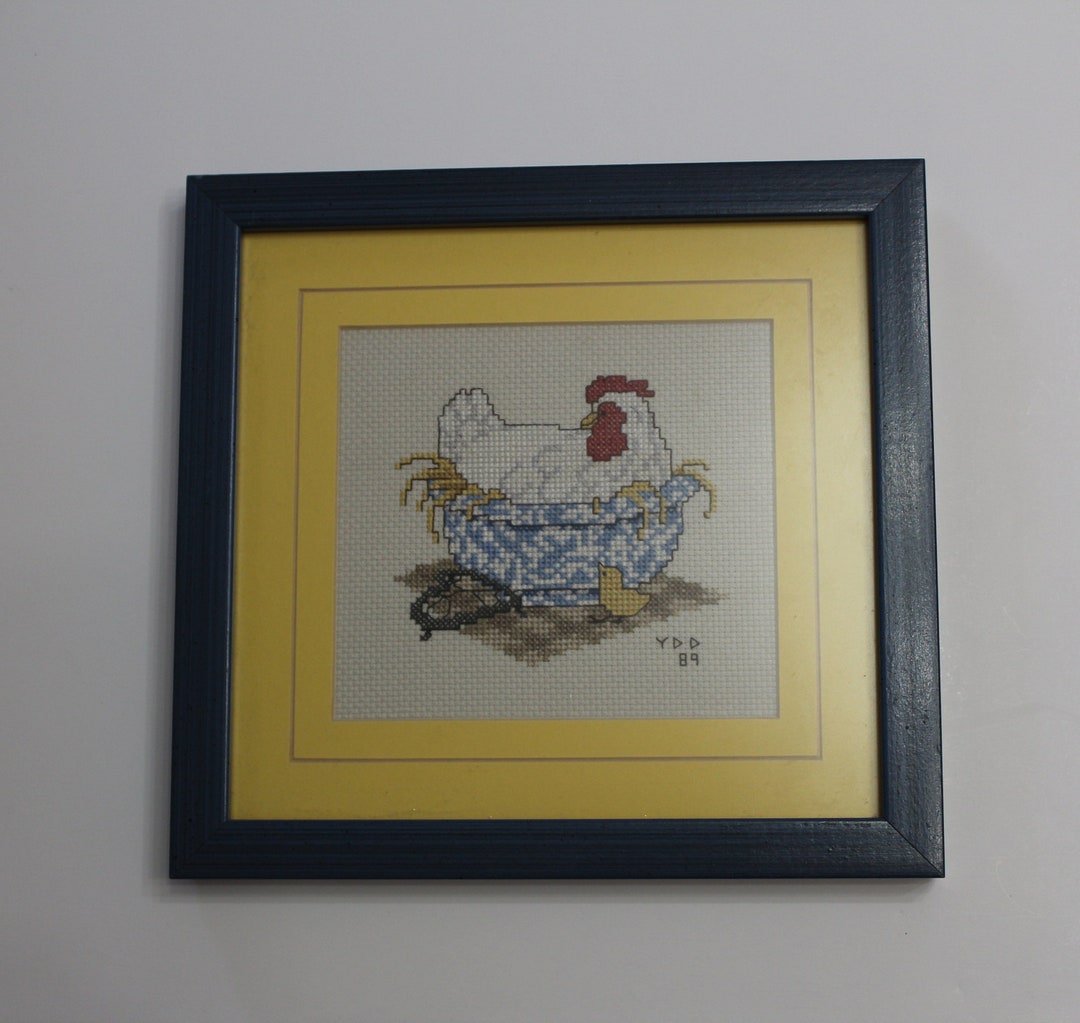 Vintage Completed and Framed Hen With Chick Cross Stitch, Vintage ...