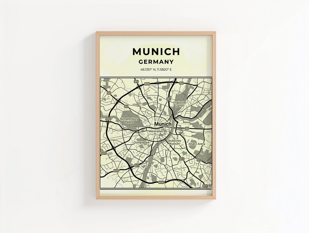 Vintage Munich City Map Printable - Minimalist Graphic Cartographic Art ...