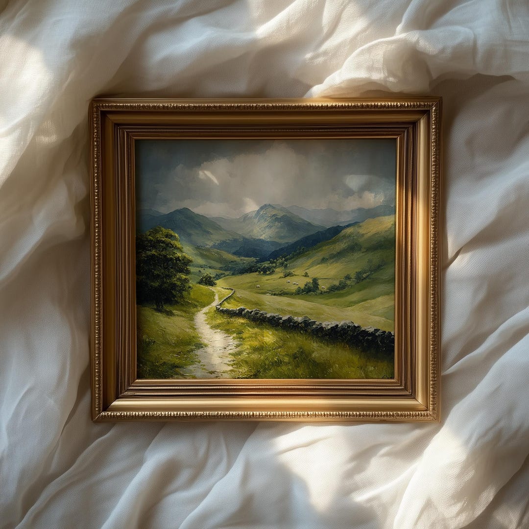 Rustic English Valley Landscape Art - Cottagecore, Moody Lake District ...