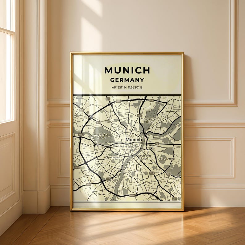Vintage Munich City Map Printable - Minimalist Graphic Cartographic Art ...