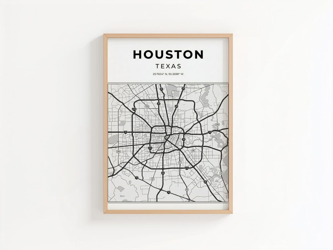 Houston City Map in Monochrome - Modern Printable Wall Art, Minimalist ...