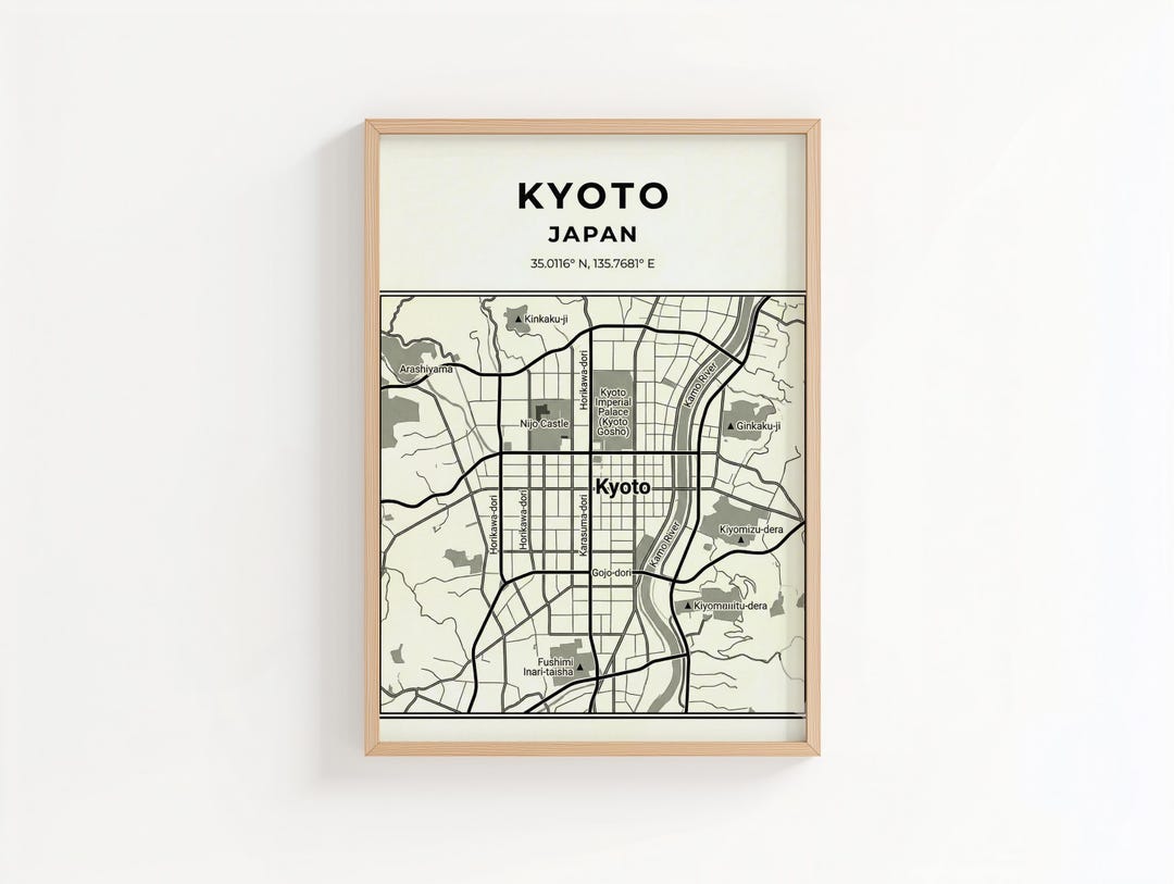 Vintage Kyoto City Map Print - Neutral Minimalist Wall Art, Monochrome ...