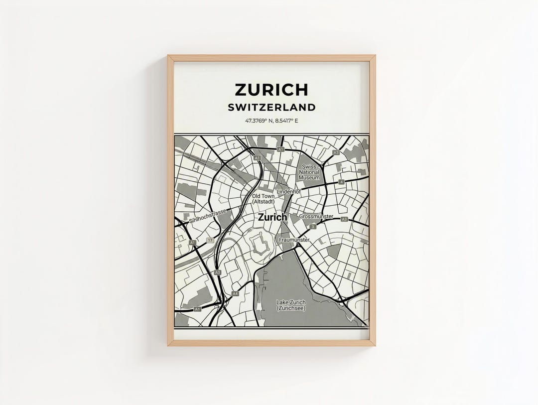 Zurich City Map Print - Modern Minimalist Scandinavia-inspired Artwork ...