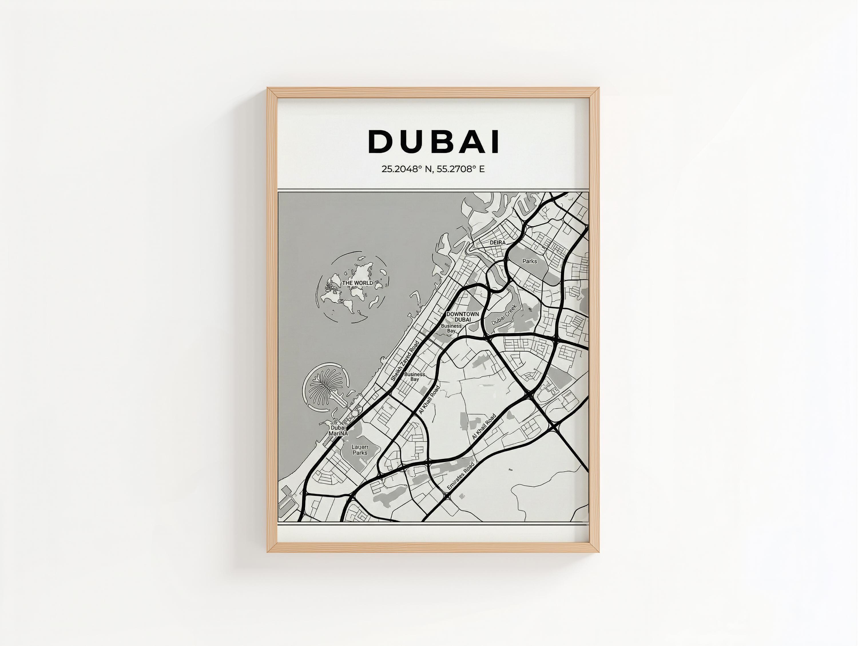 Modern Minimalist Printable Dubai Map Art - Neutral Grayscale Travel ...