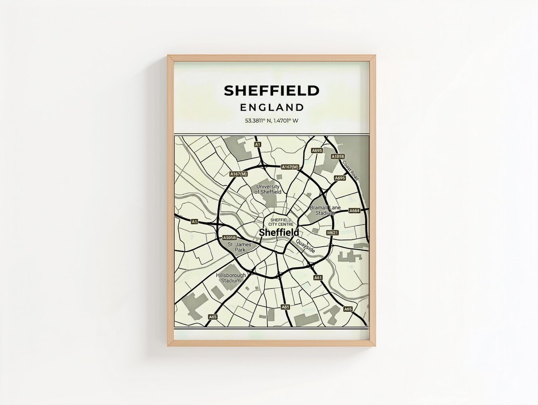 Sheffield City Map Printable - Modern Vintage Style Wall Art, Neutral ...