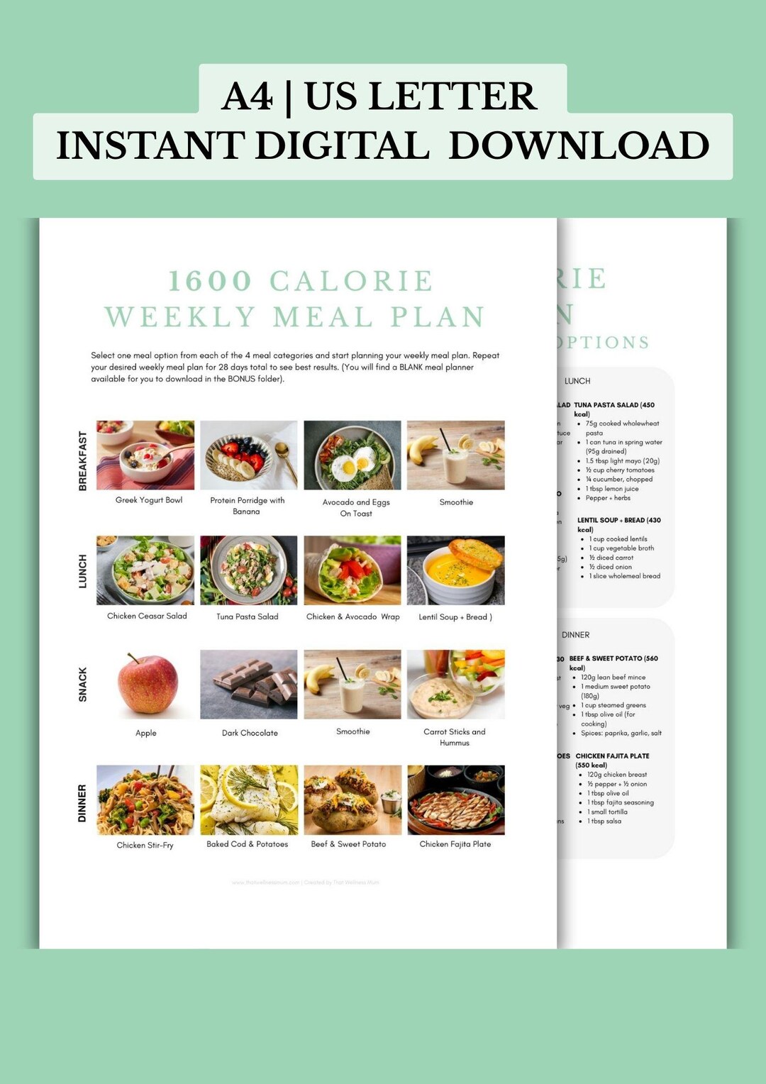 1600 Calorie Weekly Meal Plan | Healthy Eating Guide (PDF) - Etsy