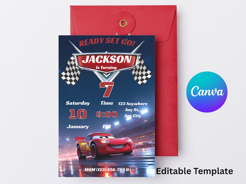 Cars Birthday Party Invitation | Car on the Road | Lightning Mcqueen ...
