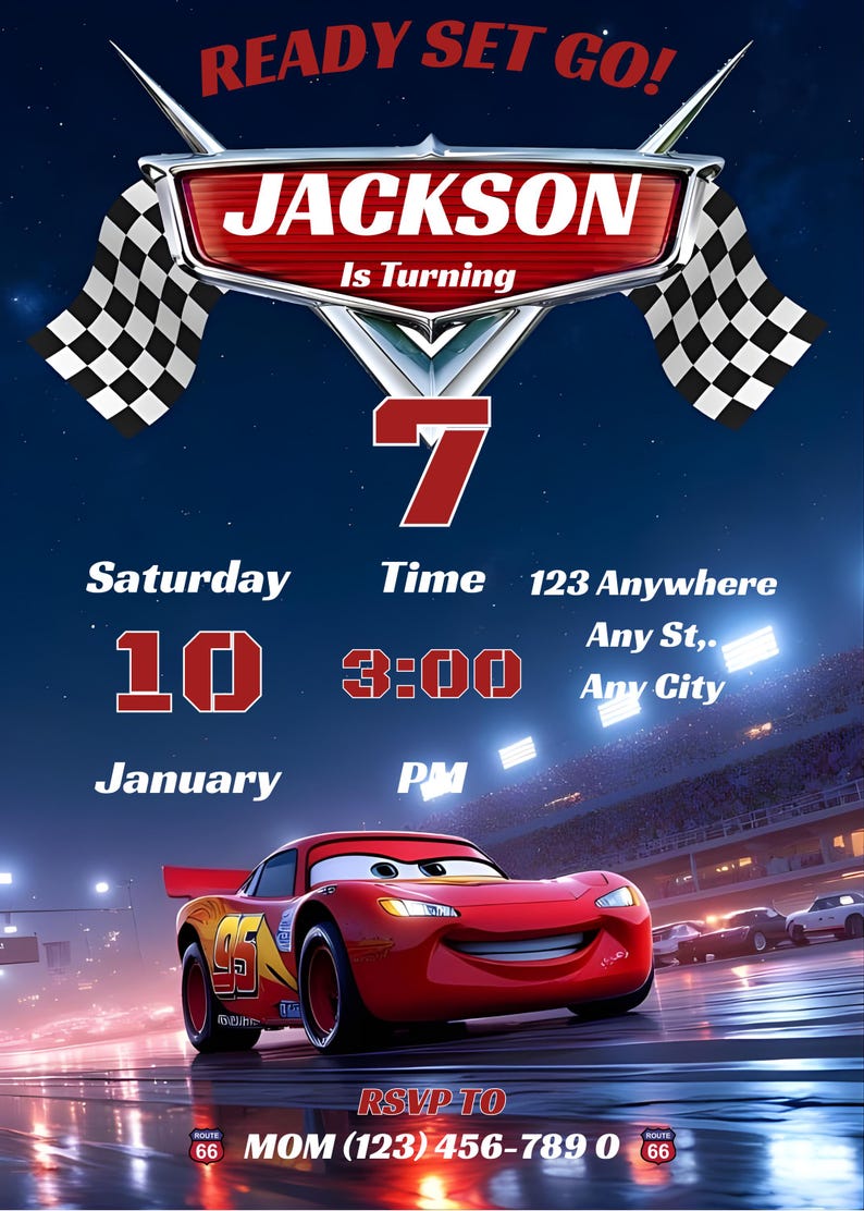 Cars Birthday Party Invitation | Car on the Road | Lightning Mcqueen ...