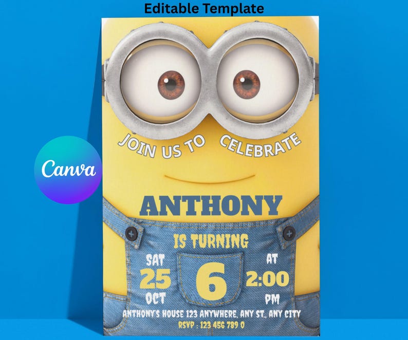 Minion Birthday Invitation Template | Digital Cute Yellow Minions Party ...