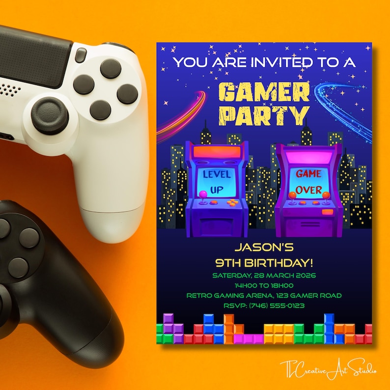 Retro Gaming Birthday Invitation, Editable Arcade Party Invitation ...