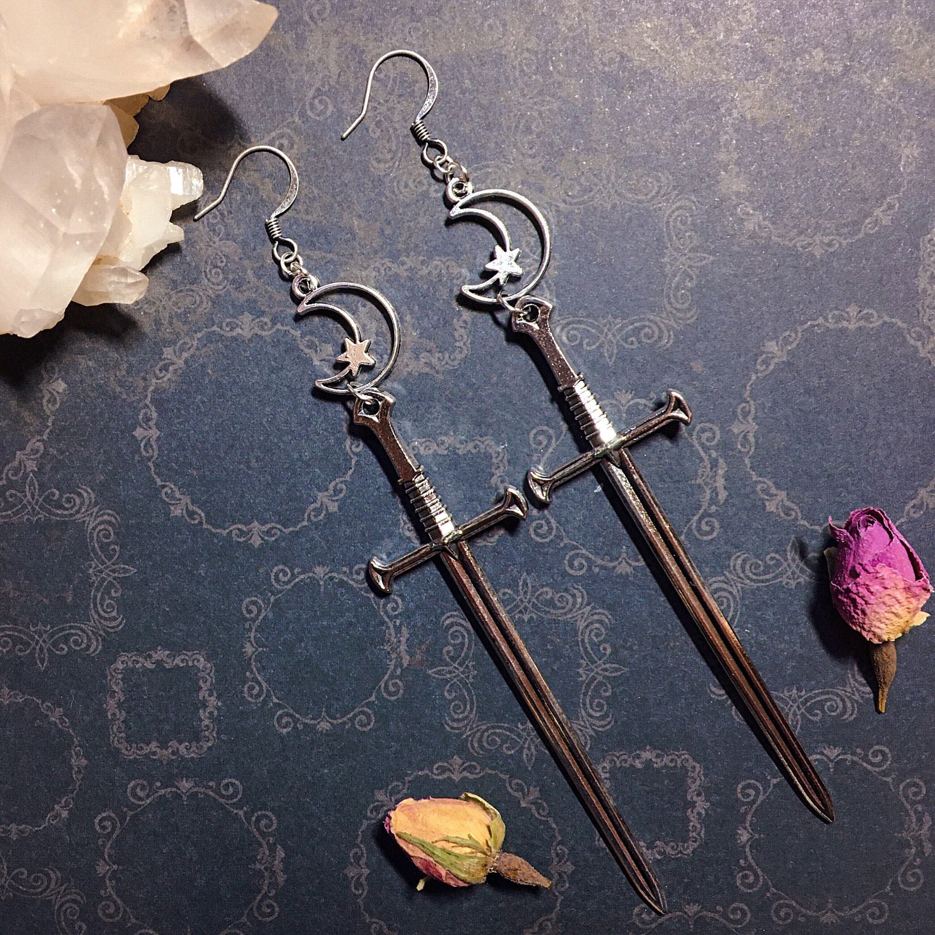 Silver Crescent Moon Sword Earrings Large Sword Earrings | Etsy