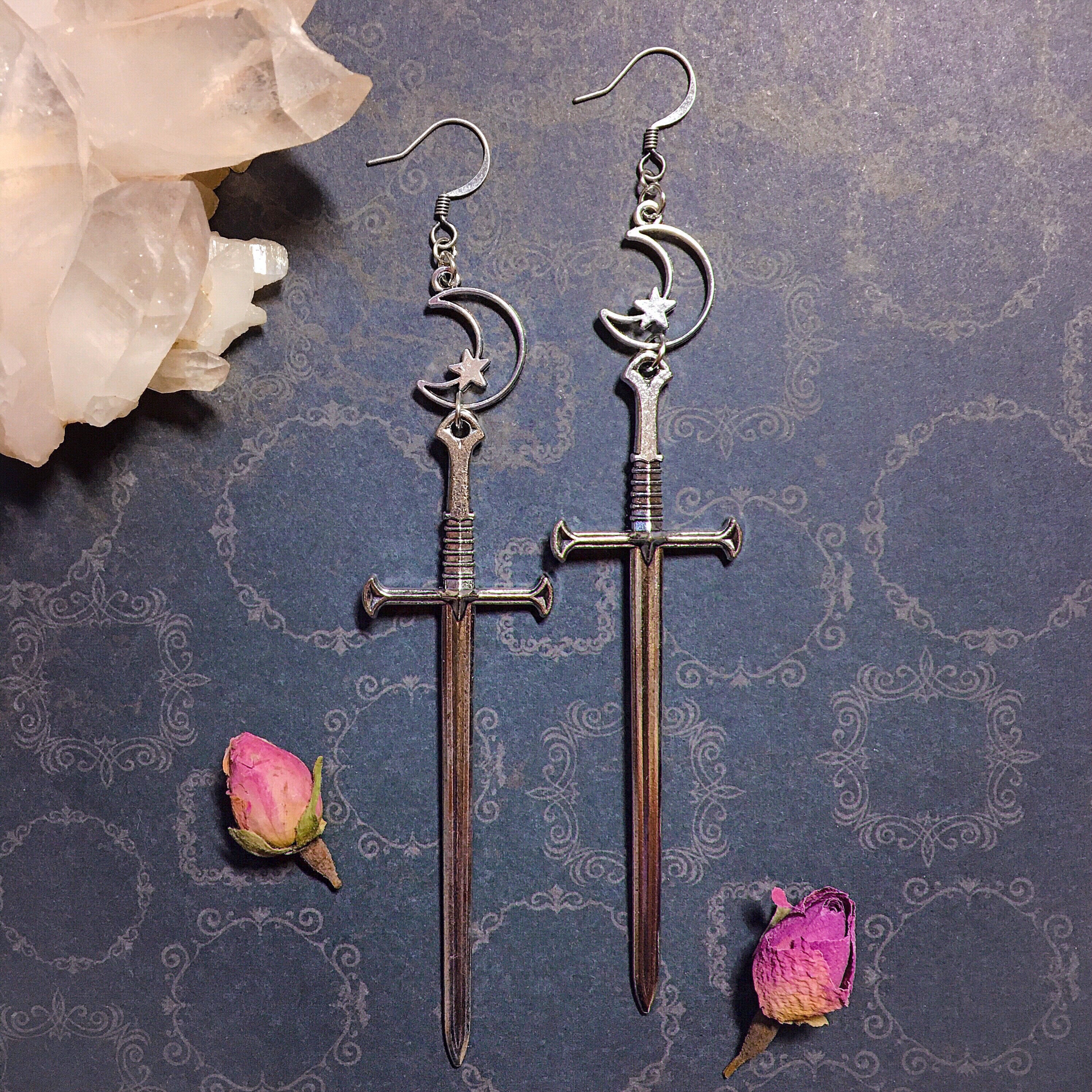 Silver Crescent Moon Sword Earrings Large Sword Earrings | Etsy