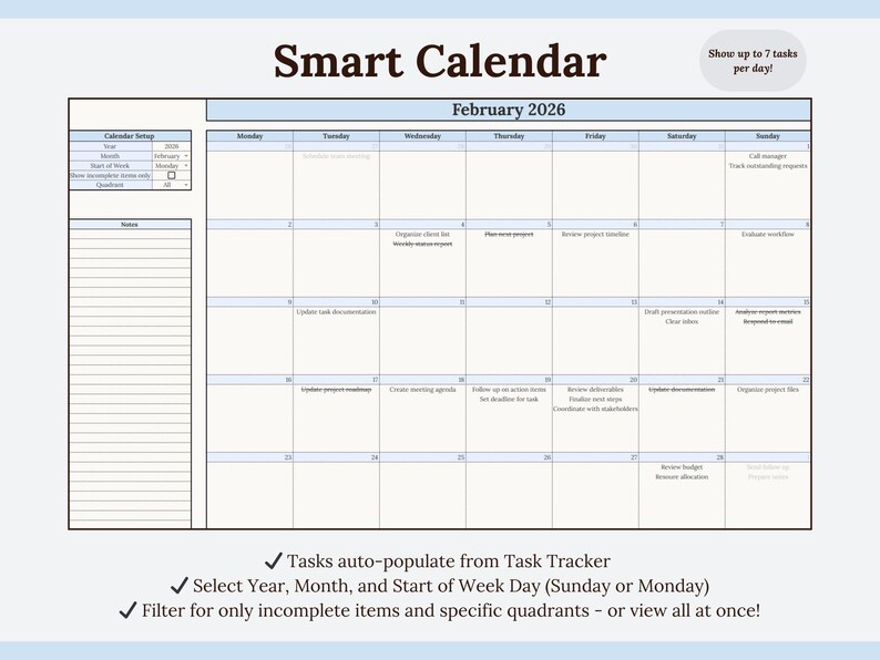 Eisenhower Matrix With Smart Calendar | Task Tracker Spreadsheet Google ...