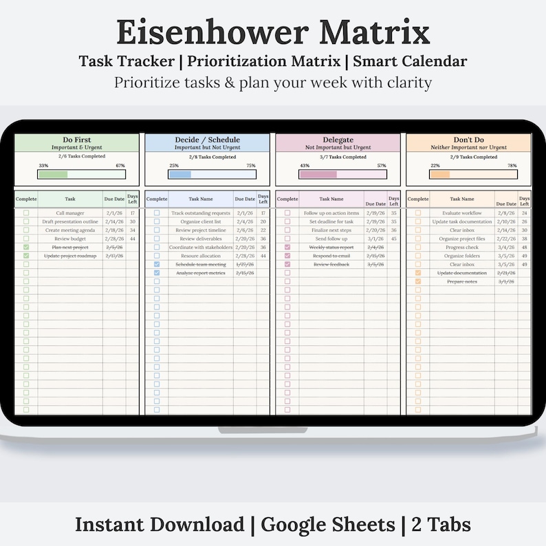 Eisenhower Matrix With Smart Calendar | Task Tracker Spreadsheet Google ...