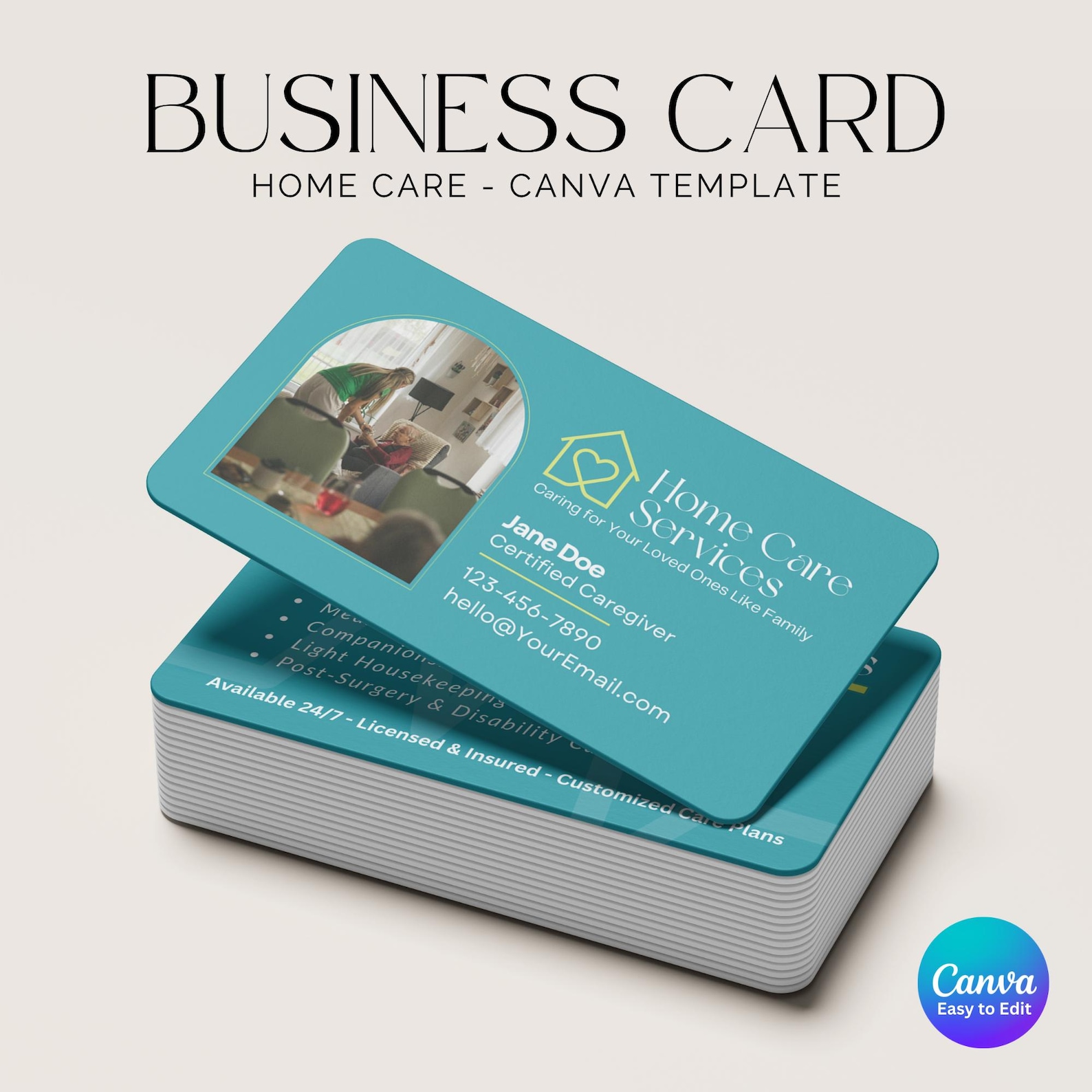 Home Care Business Card Template, Editable Canva Design, Caregiver ...