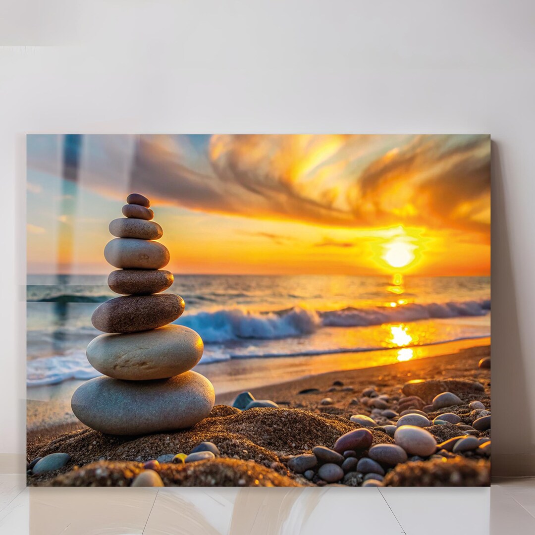 Zen Stones Sunset Glass Wall Art, Coastal Balance Pebble Art, Calm ...