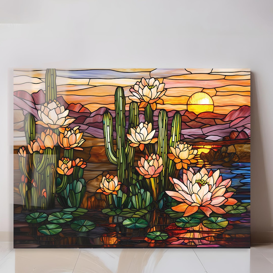 Stained Glass Desert Sunset Tempered Glass Wall Art – Cactus & Lotus ...
