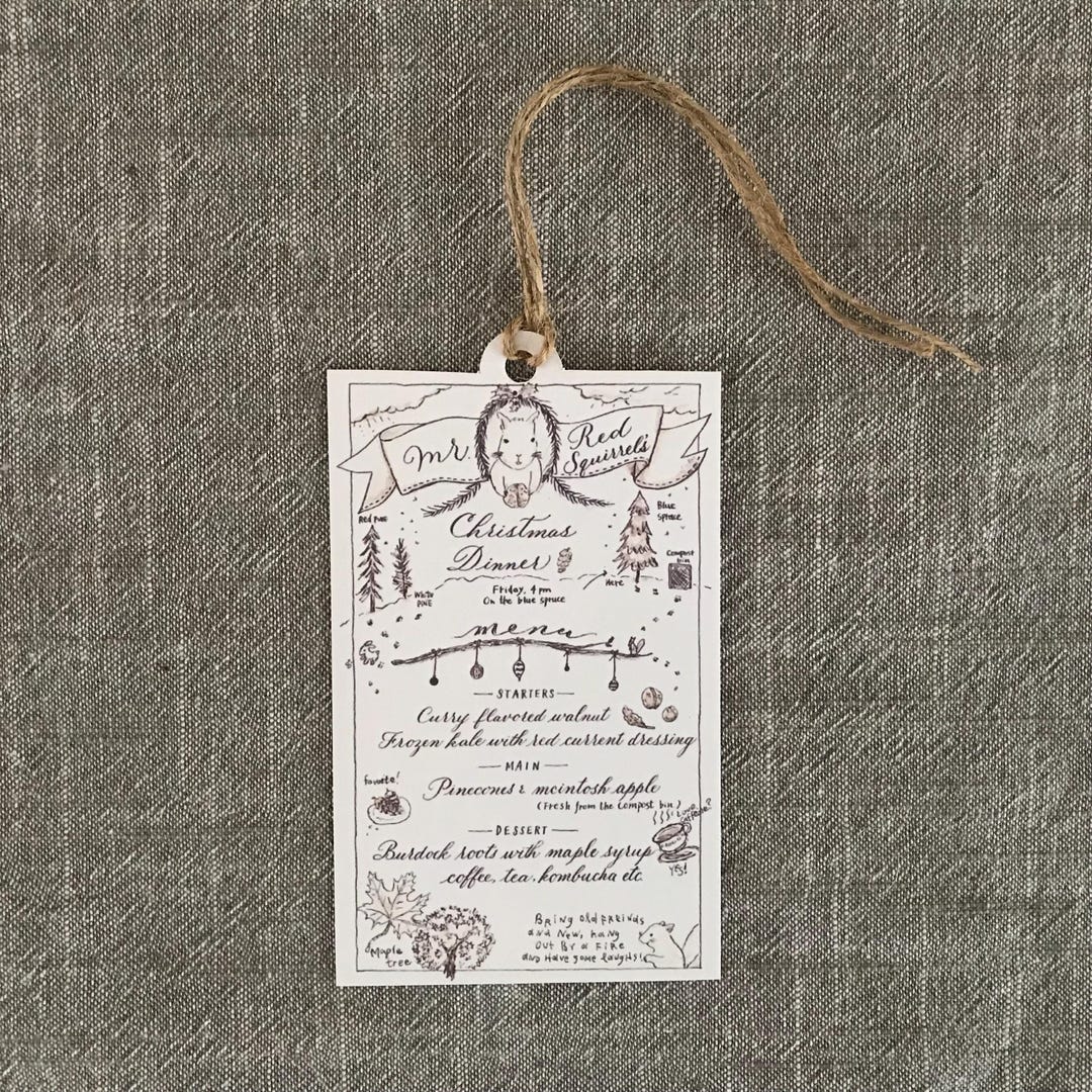 3 Gift Tags - Mr. Red Squirrel's Christmas Dinner Invitation - Handmade ...